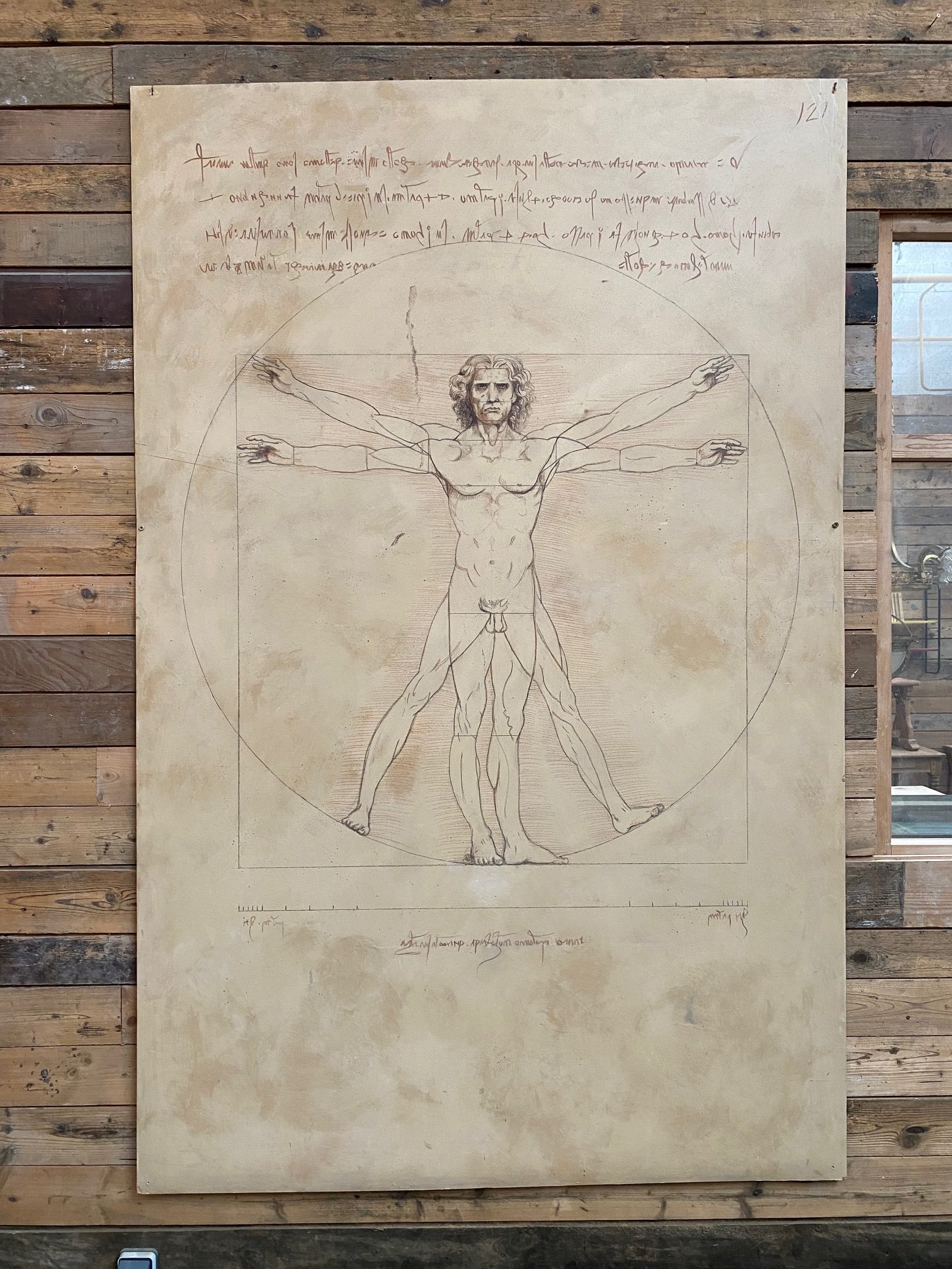 Très grande représentation de l "Homme de Vitruve" sur bois - Nord Factory